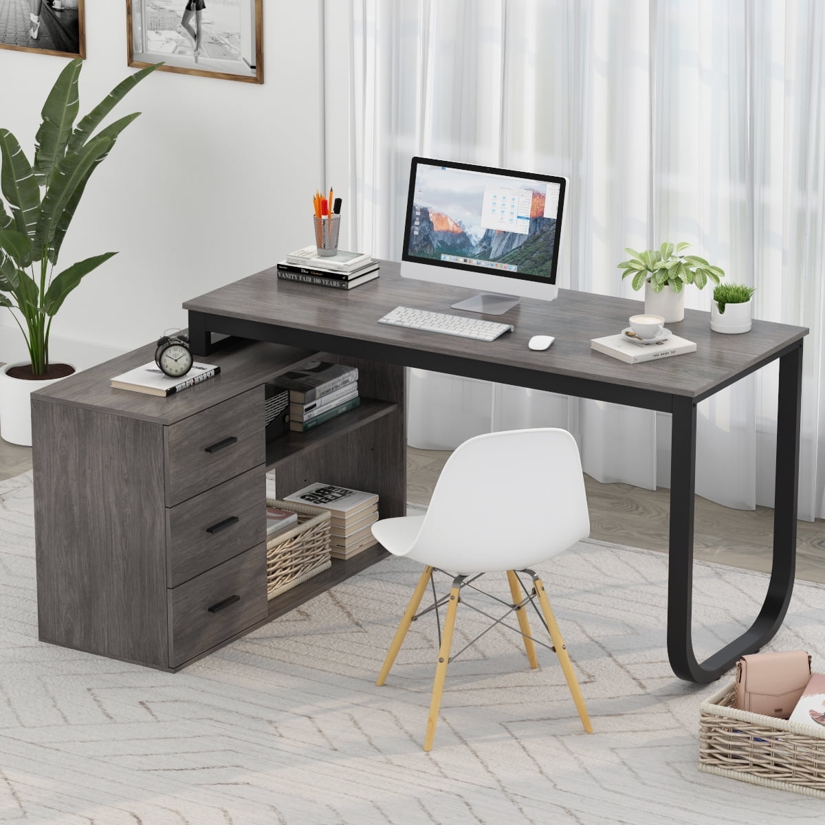 MONSLIPA L Shaped Desk with Storage Shelf and 3 Drawers, 55" Home Offi