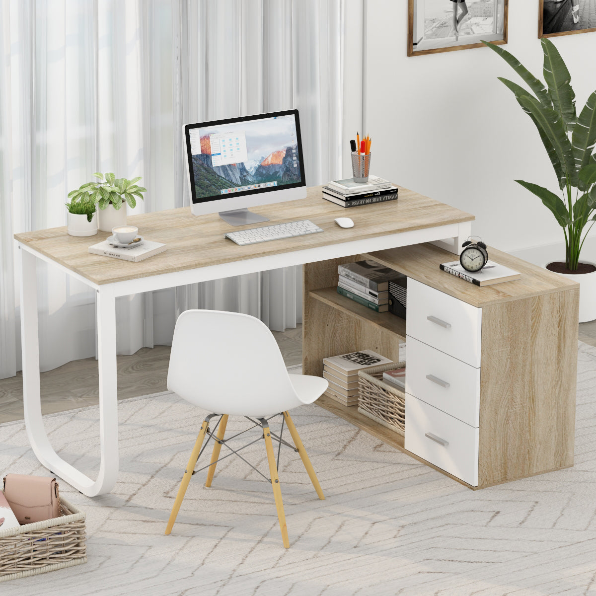 Timechee L Shaped Desk with Storage Shelf and 3 Drawers, 55" Home Offi ...